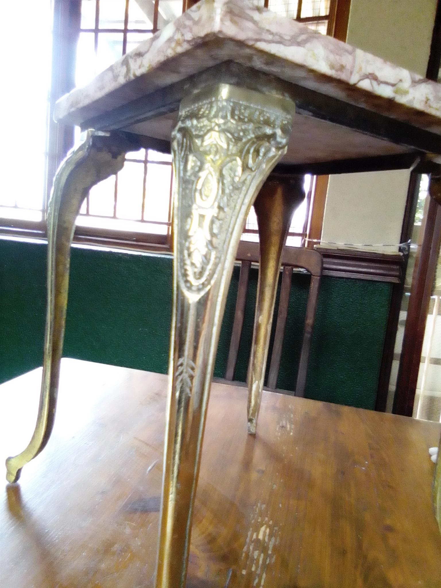 Vintage 30x30 Pink Marble and Brass Side Table | Junk Mail Marketplace