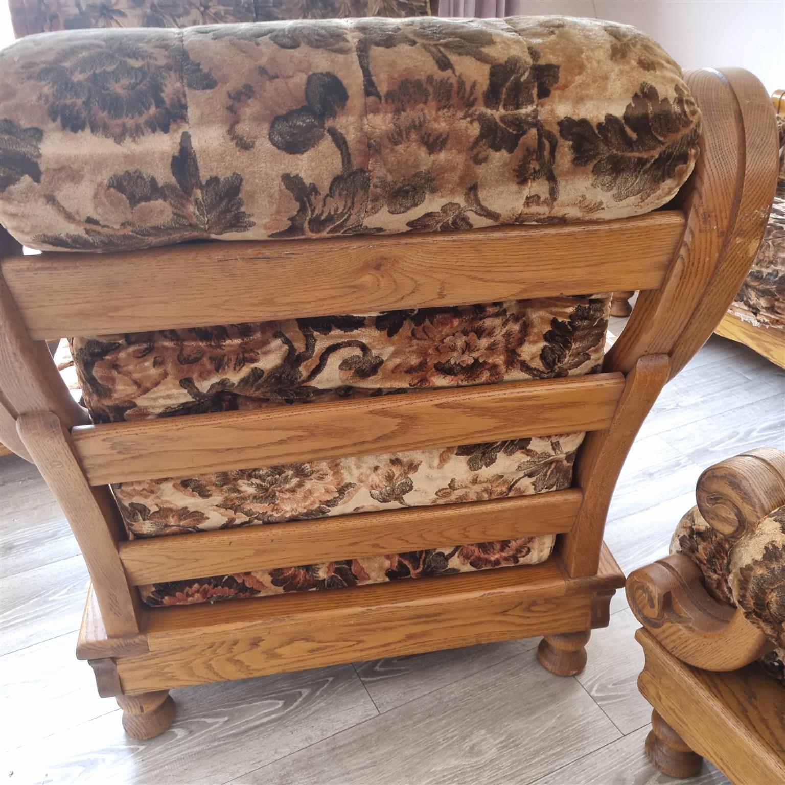 Antique solid oak lounge suite. Two coaches, two chairs coffee & side ...