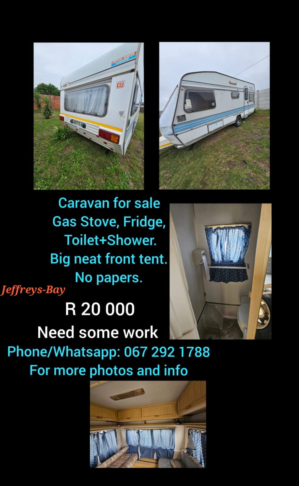Caravan sprite . Shower toilet. Fridge gas stove. Neat tent. No papers ...