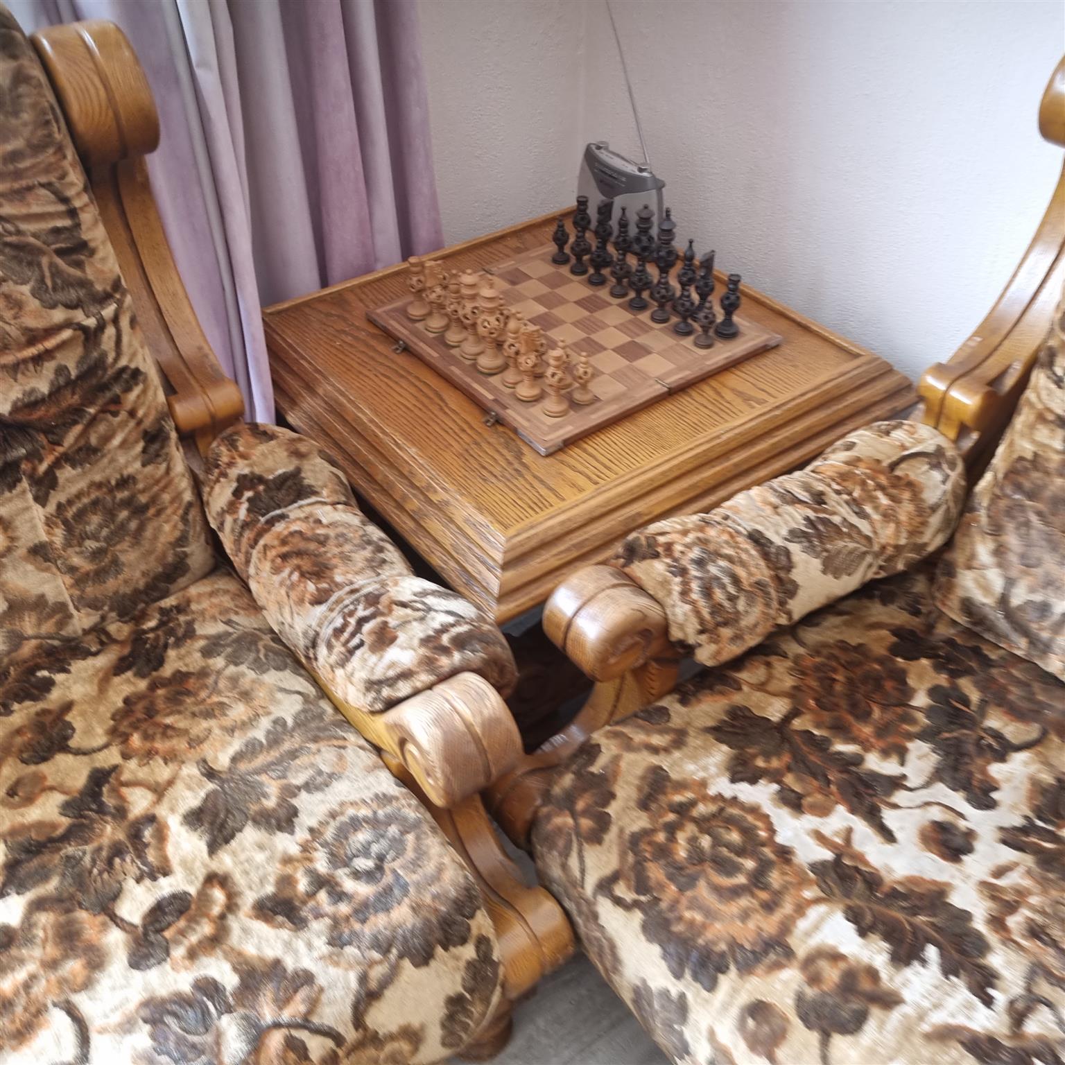 Antique solid oak lounge suite. Two coaches, two chairs coffee & side ...