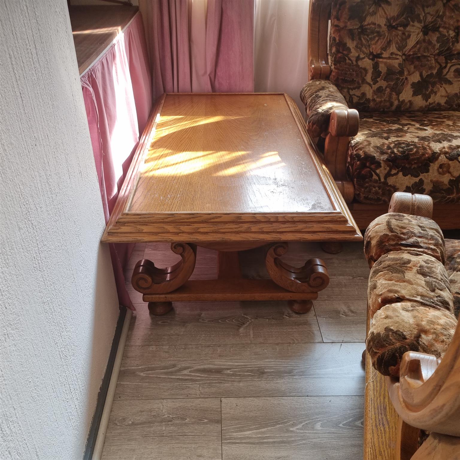 Antique solid oak lounge suite. Two coaches, two chairs coffee & side ...