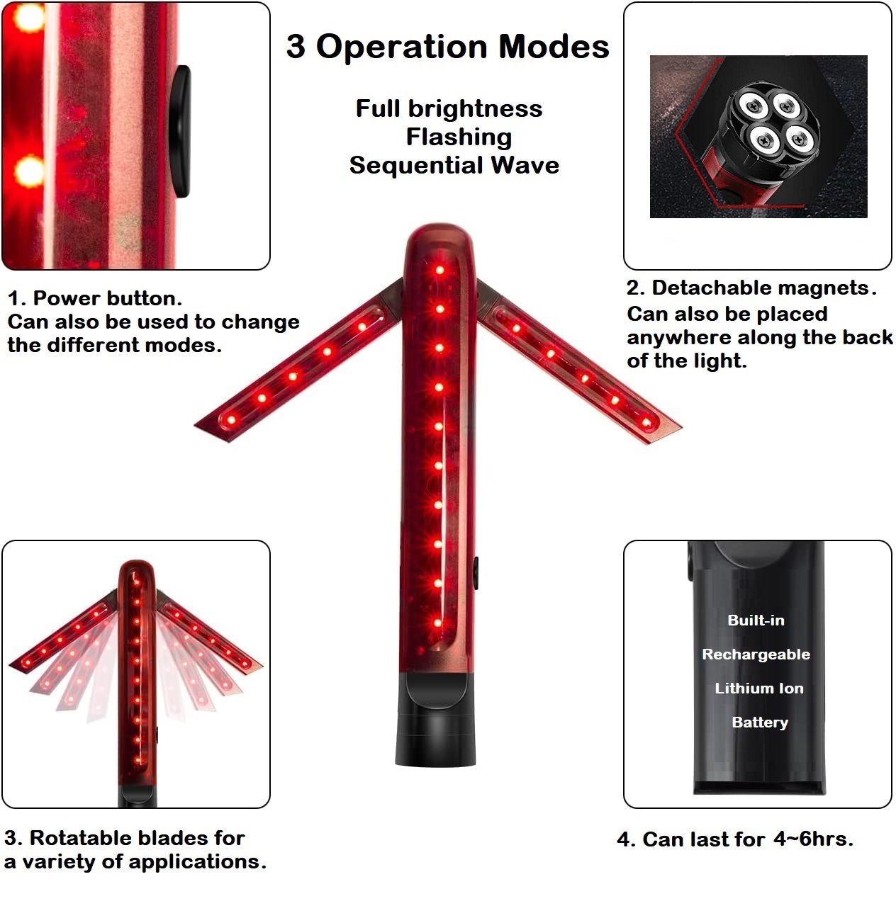 Traffic Safety Wand Flash Strobe Light, Magnetic, Unfolding Rotating ...